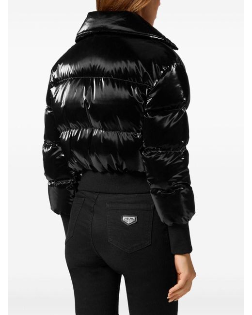 Philipp Plein Smile Cropped Puffer Jacket in Black | Lyst