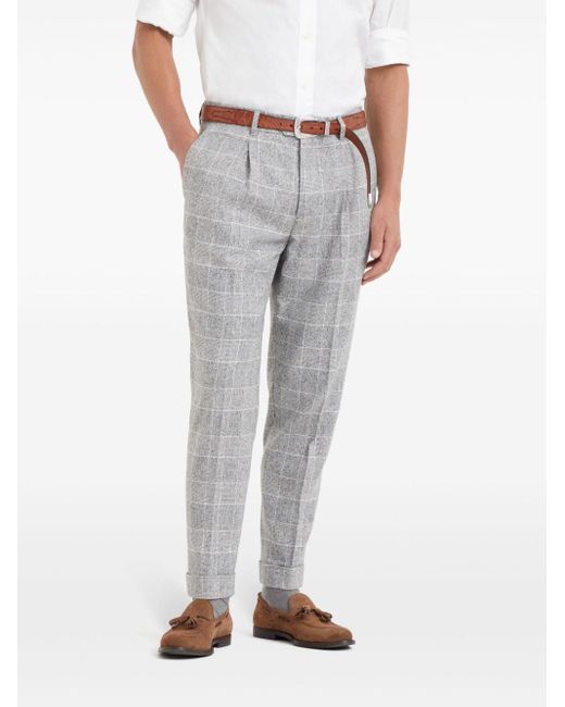Brunello Cucinelli Prince Of Wales Check Tapered Trousers in Gray for Men | Lyst