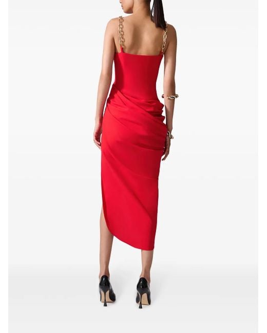Carolina Herrera Chain-Strap Draped Midi Dress in Red | Lyst