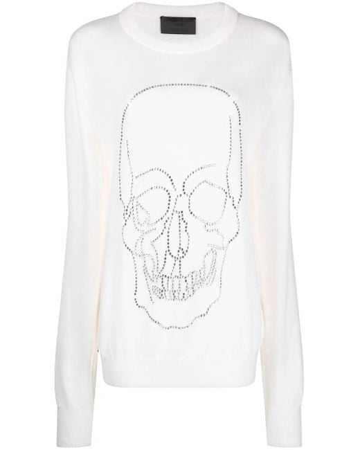 Philipp Plein Studded-Skull Cashmere Pullover in White | Lyst UK