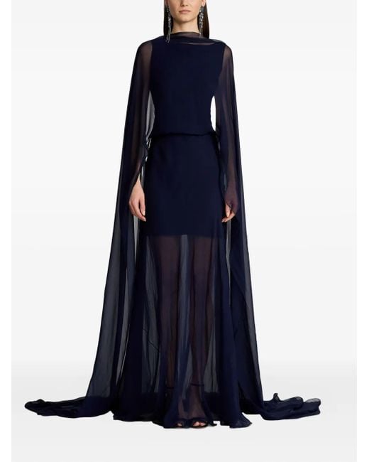 Ralph Lauren Sheer Cape Evening Gown in Blue | Lyst