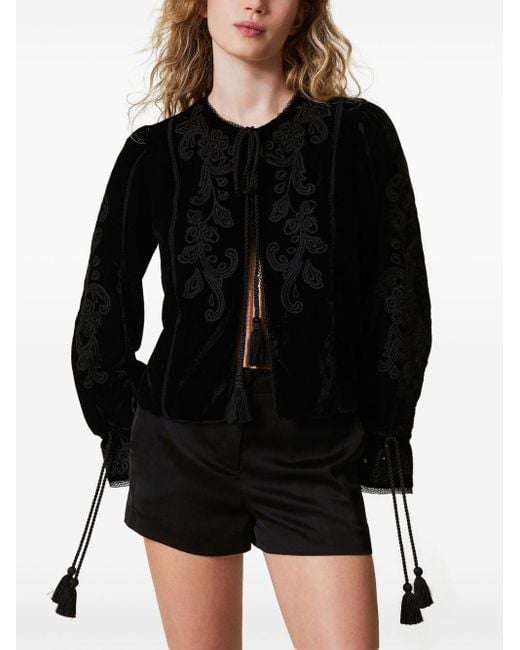Twin Set Embroidered Velvet Jacket in Black | Lyst