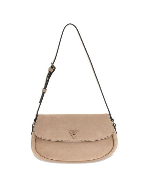 Guess Suede-Texture Logo-Plaque Shoulder Bag in Natural | Lyst UK