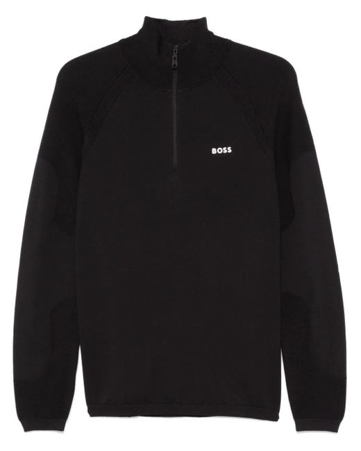 BOSS Half-Zip Ribbed Logo Sweater in Black for Men | Lyst
