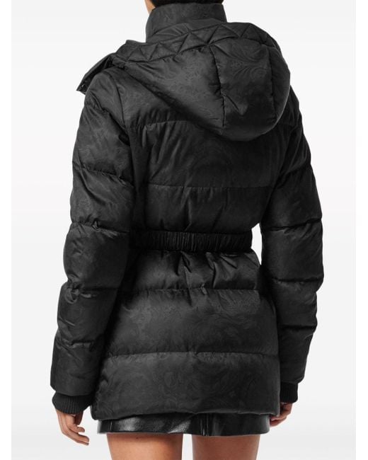 Versace Barocco-Print Belted Puffer Jacket in Black | Lyst