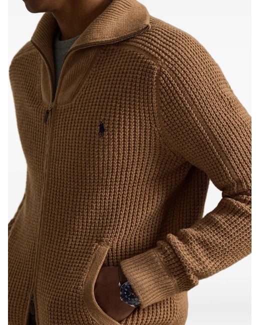 Polo Ralph Lauren Waffle-Knit Wool-Cotton Full-Zip Sweater in Brown for ...