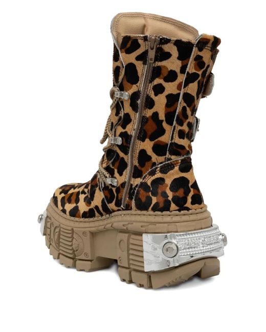 New Rock 100Mm Leopard Print Buckled Combat Boots in Natural | Lyst UK