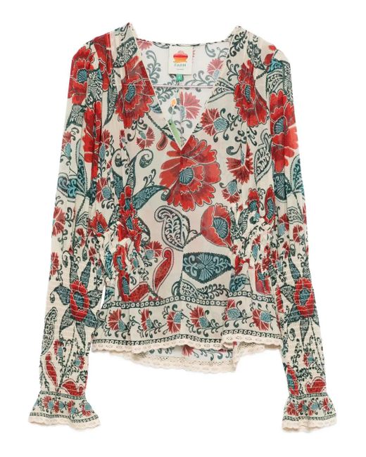 FARM Rio Floral-Print Ruffled Blouse in Natural | Lyst UK