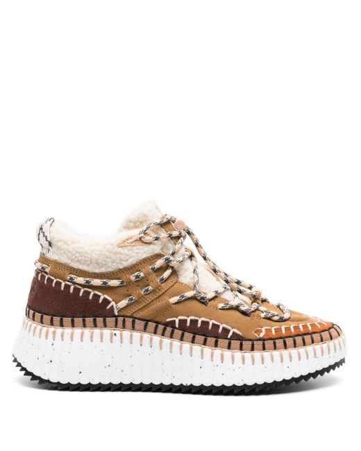 Chloé Nama Shearling And Suede High-top Trainers in Brown | Lyst