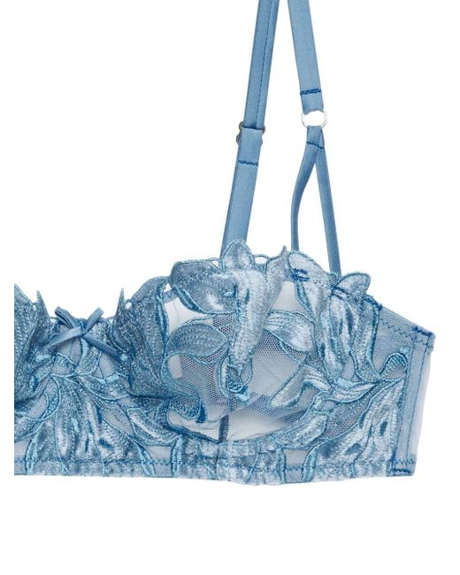Fleur du Mal Velvet Lily Embroidered Balconette Bra in Blue | Lyst