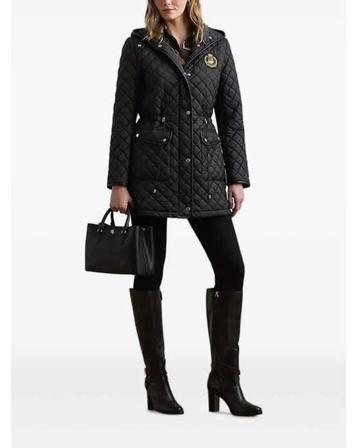 Ralph Lauren Crest-Patch Diamond-Quilted Hooded Jacket in Black | Lyst