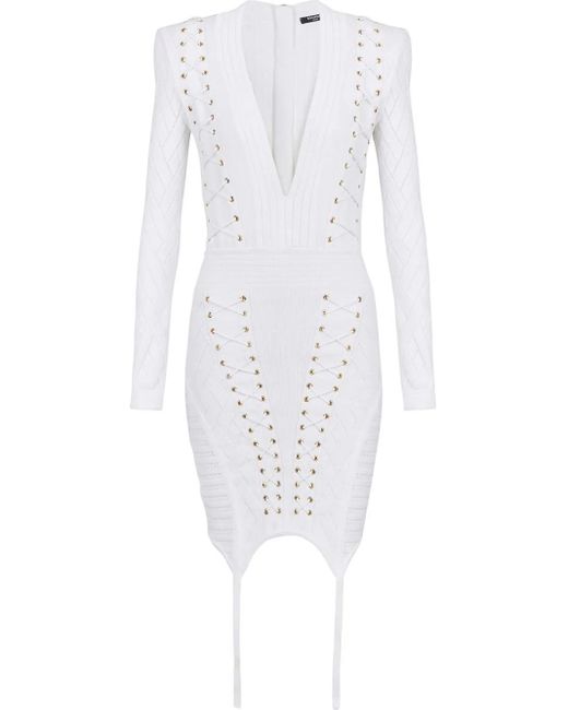 Balmain Lace-Up Detail Knitted Dress in White | Lyst UK