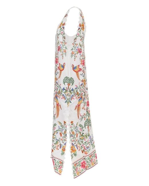 FARM Rio Delicate Forest Scalloped-Hem Bird-Print Maxi Dress in White ...