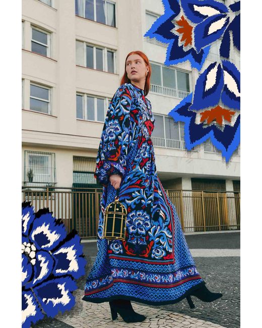 FARM Rio Black Toucans Scarf Long Sleeve Maxi Dress in Blue | Lyst