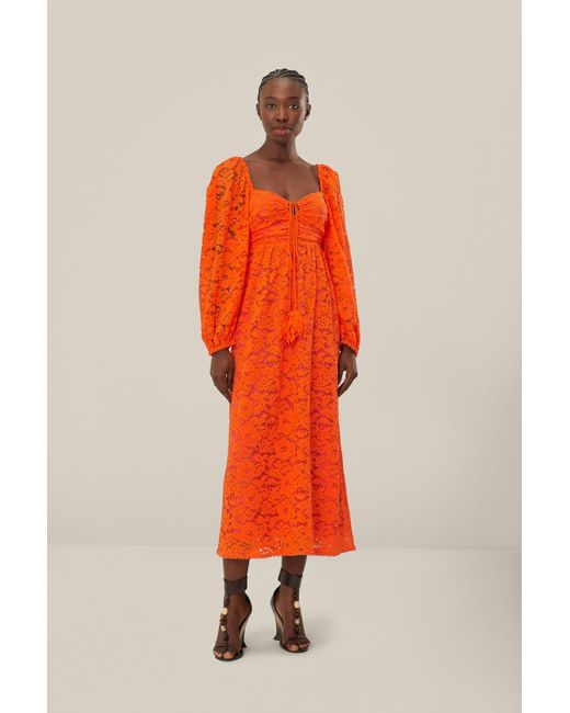 FARM Rio Lace Long Sleeve Midi Dress in Red | Lyst