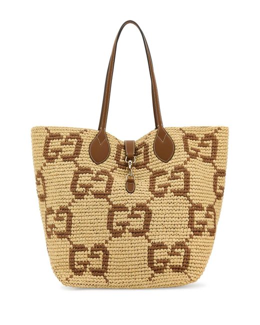 Gucci Embroidered Raffia Shopping Bag in Natural | Lyst
