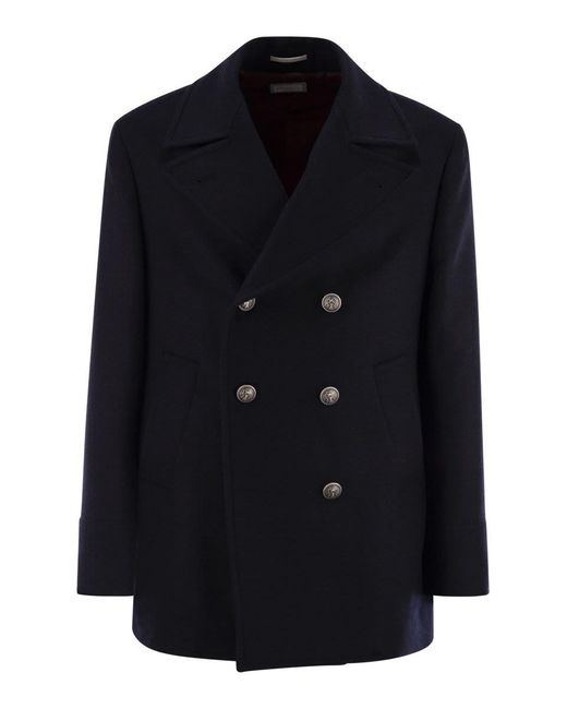 Brunello Cucinelli Double Wool Flannel Pea Coat With Metal Buttons in ...
