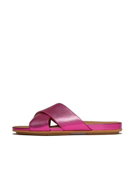 Fitflop Gracie Metallic-Leather Cross Slides in Pink | Lyst UK