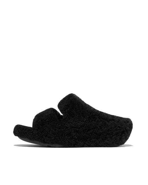 Fitflop Shuv Curly-Shearling Two-Bar Slides in Black | Lyst UK