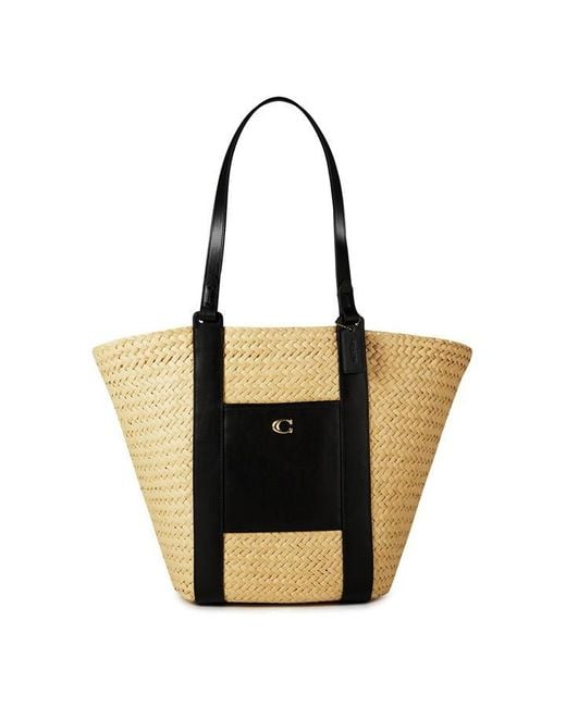 COACH Straw Leather Tote Bag in Black | Lyst UK