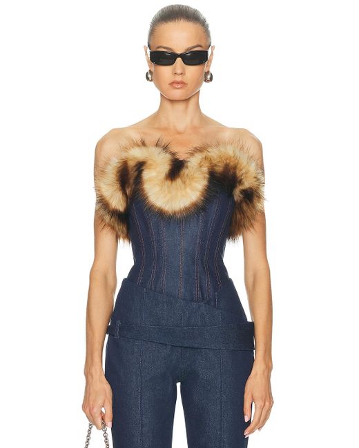 David Koma Detachable Faux Fur Trim Corset Top in Blue | Lyst