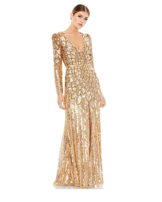 Mac Duggal Evening 5382d Scallop Motif Sequin Gown In Metallic Lyst