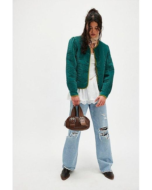 Free People Cropped Quilted Velvet Button-Front Jacket in Green | Lyst