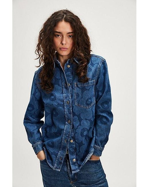 Marimekko Mari Vaihe Unikko Denim Button-Up Shirt in Blue | Lyst
