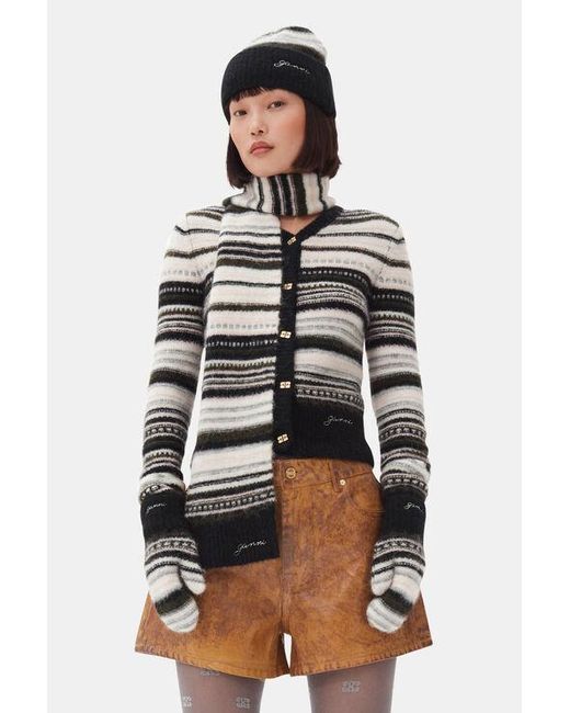 Ganni Striped Soft Wool Scarf in Black | Lyst UK