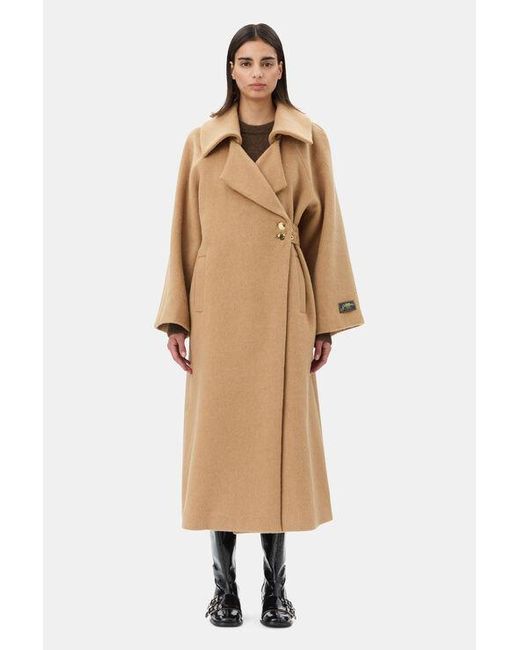 Ganni Camel Wool-Blend Coat in Natural | Lyst