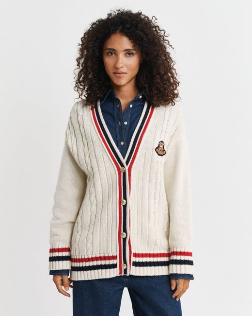 GANT Varsity Cable Knit V-Neck Cardigan Cream in White | Lyst UK