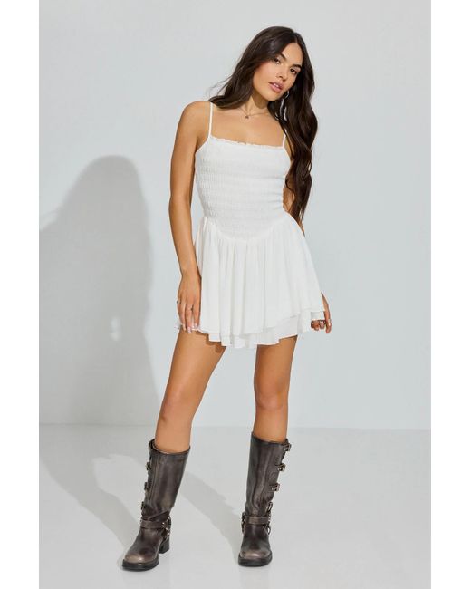 Garage Kenzie Smocked Tiered Romper in White | Lyst