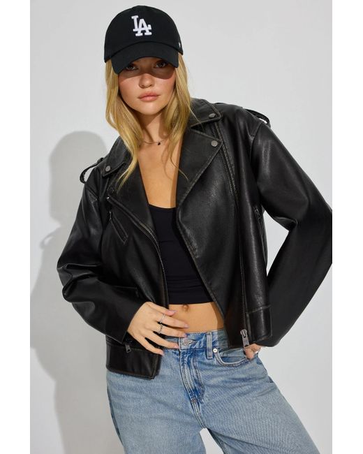 Garage Washed Faux Leather Biker Jacket in Black | Lyst