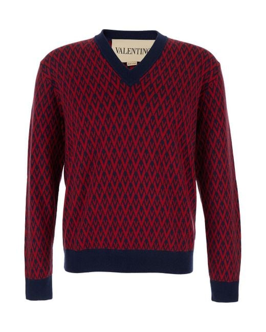 Valentino V-Neck Sweater With All-Over Geometric Pattern in Red for Men ...