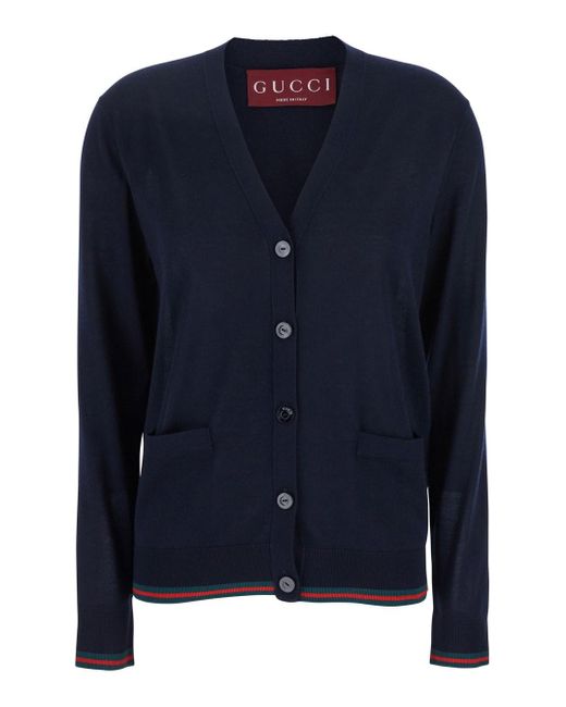 Gucci Cardigan With Web Detail On The Edges in Blue | Lyst