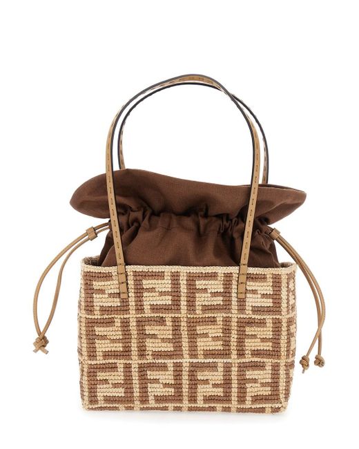 Fendi 'Roll' Crochet Small Tote Bag With All-Over Ff Motif in Brown | Lyst