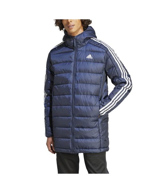 adidas Essentials 3-stripes Light Down Hooded Jacket in Blue for Men | Lyst UK