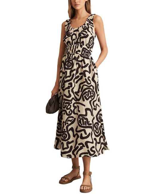 Reiss Akari Ruched Mono Print Linen-Blend Midi Dress in White | Lyst