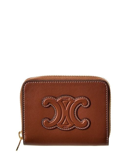 Celine Triomphe Compact Zipped Leather Wallet in Brown | Lyst