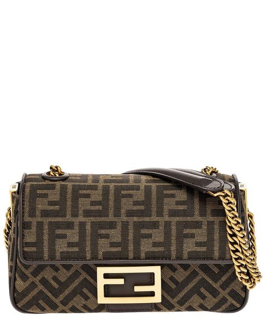 Fendi Baguette Chain Midi Leather-Trim Shoulder Bag in Black | Lyst