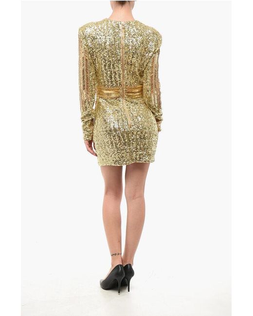 Balmain Golden Effect Mini Dress With Sequins And Beads in Yellow | Lyst UK
