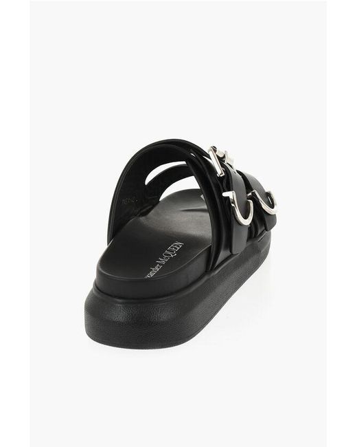 McQueen Leather Sliders With Double Buckle in Black for Men | Lyst UK