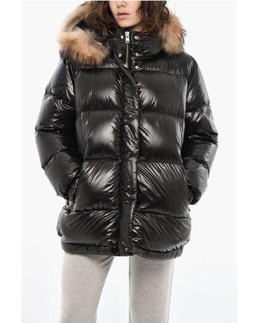 Woolrich Patent Quilted Aliquippa Down Jacket With Fur in Black | Lyst UK