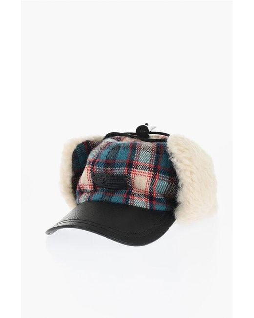 DSquared² Checked Wool Blend Deerstalker Hat With Textured Leater Viso ...