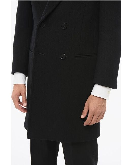 Saint Laurent Wool Peak Lapel Double-Breasted Coat in Black for Men ...