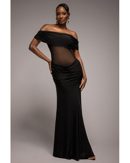 Goddiva Gathered Off The Shoulder Mesh Waist Panel Maxi Dress in Black ...