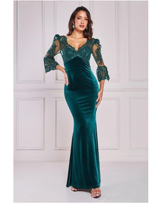 Goddiva Scalloped Lace & Velvet Maxi Dress in Green | Lyst