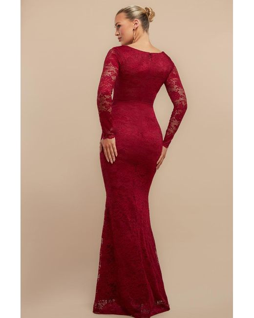 Goddiva Scalloped Lace Corset Bodice Maxi Dress in Red | Lyst
