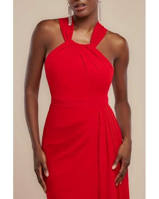 Goddiva Halterneck Thigh Split Chiffon Maxi Dress in Red | Lyst