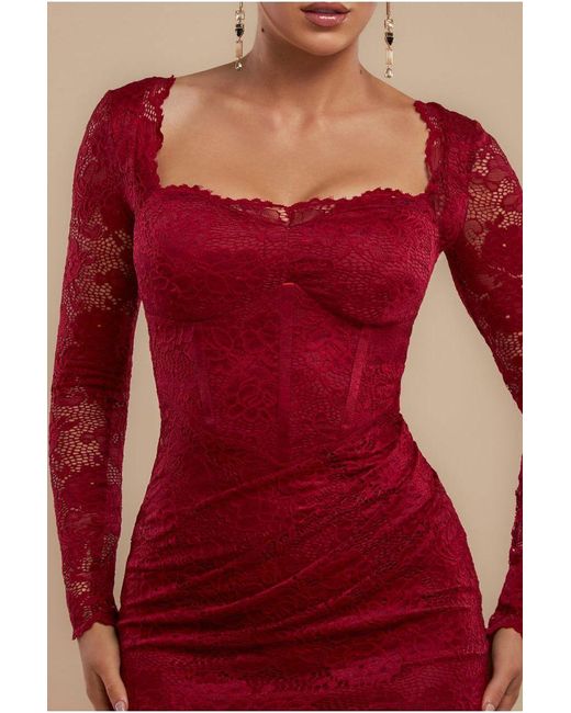Goddiva Scalloped Lace Corset Bodice Maxi Dress in Red | Lyst